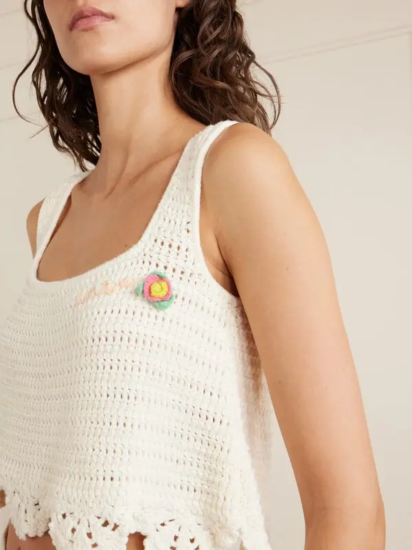 Chloé Crocheted Cotton Cropped Top With Appliqu - White