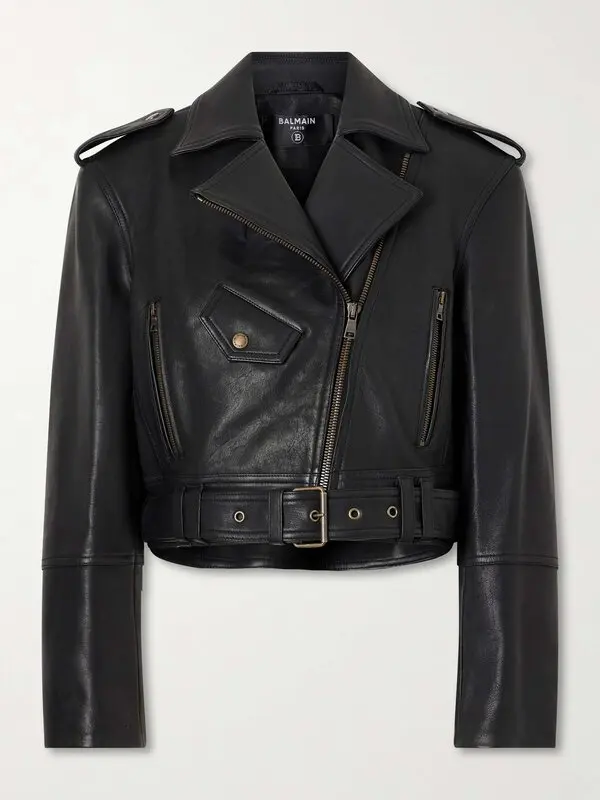 Balmain Cropped Belted Leather Biker Jacket