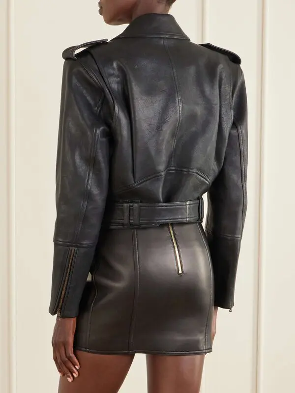 Balmain Cropped Belted Leather Biker Jacket