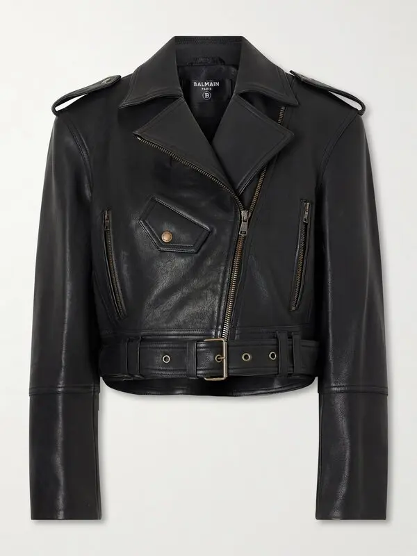 Balmain Cropped Belted Leather Biker Jacket - Black