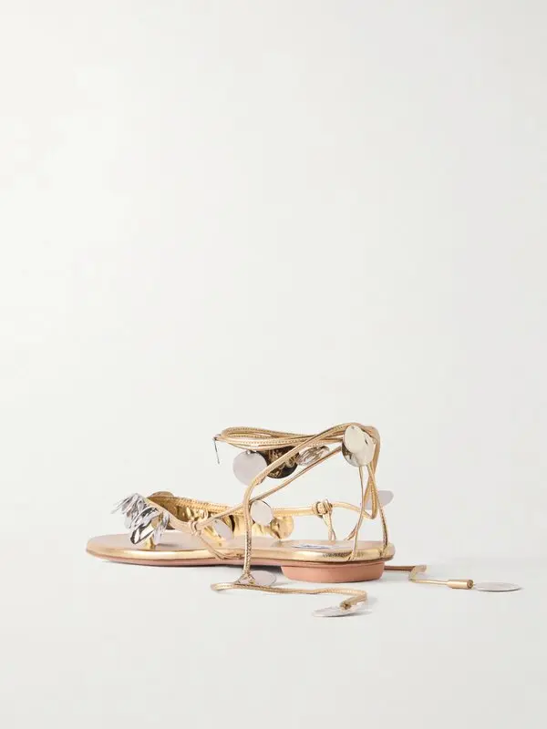 AQUAZZURA Florin Embellished Leather Thong Sandals - Gold