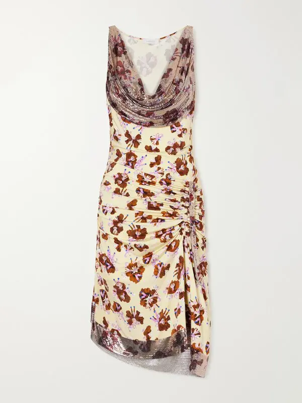 Rabanne Chainmail-embellished Floral-print Satin Mini Dress - Yellow