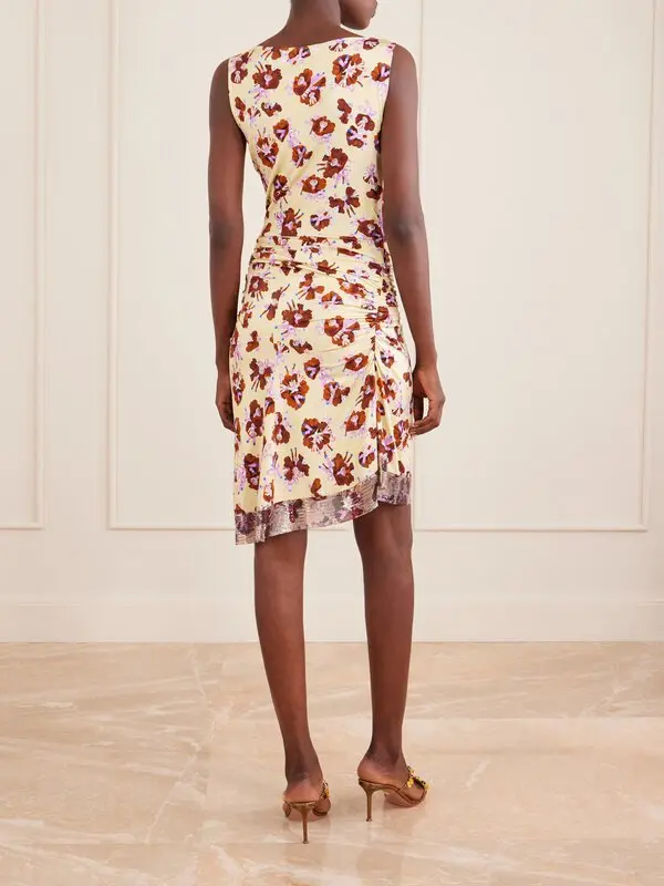 Rabanne Chainmail-embellished Floral-print Satin Mini Dress - Yellow