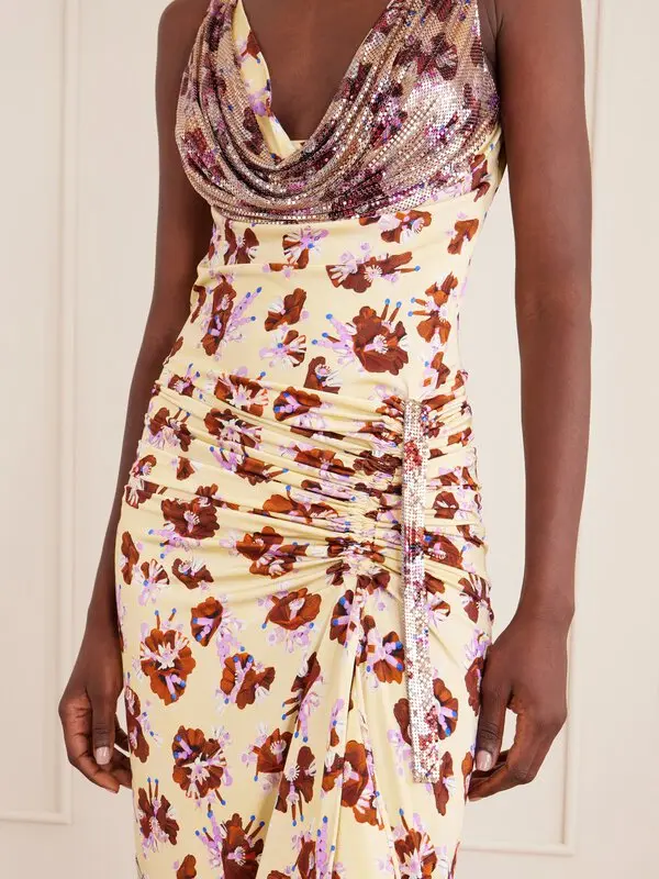 Rabanne Chainmail-embellished Floral-print Satin Mini Dress - Yellow