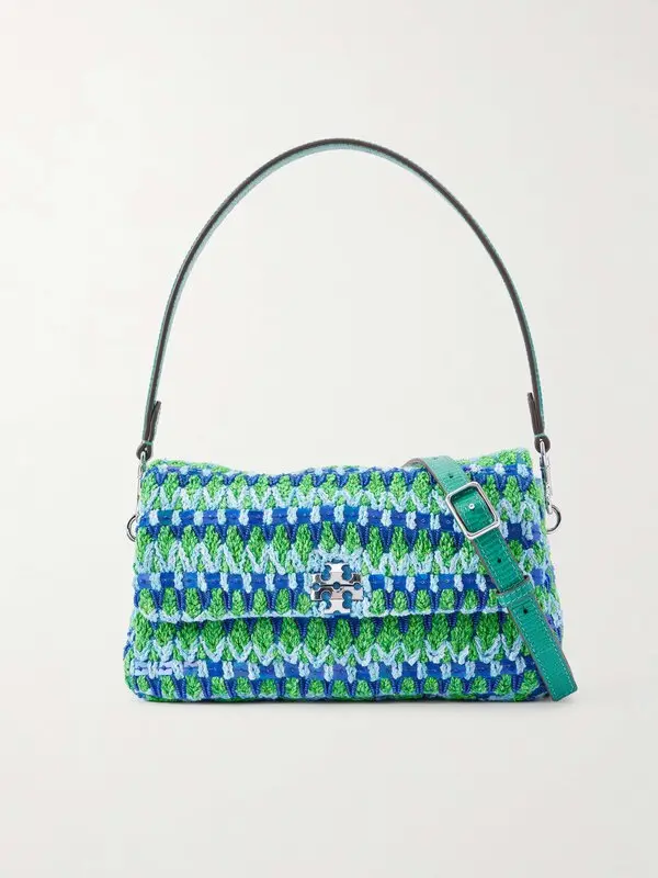 Tory Burch Charlie Embellished Snake-effect Leather-trimmed Crocheted Shoulder Bag - Blue