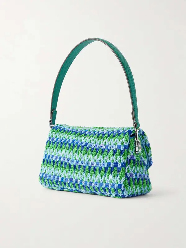 Tory Burch Charlie Embellished Snake-effect Leather-trimmed Crocheted Shoulder Bag