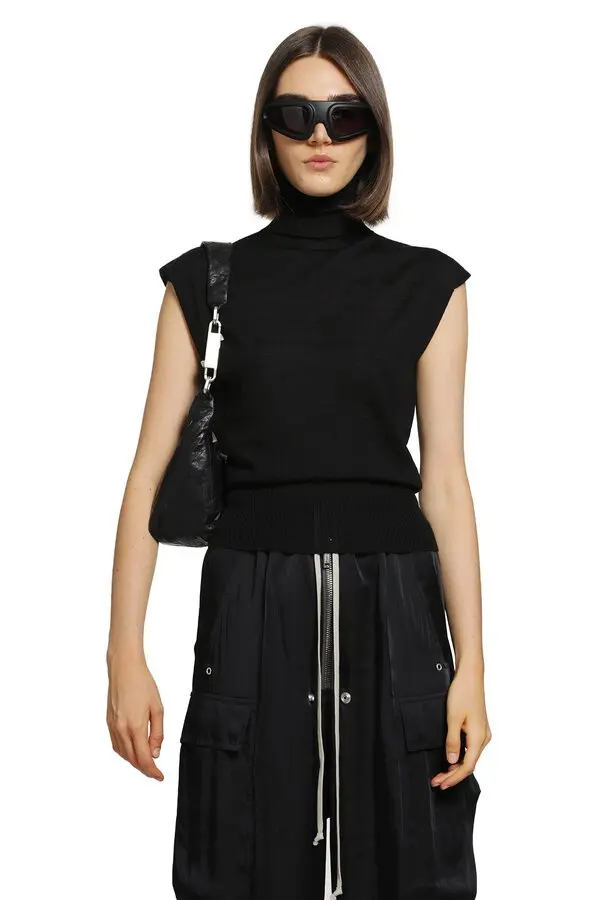 Rick Owens Tower Sleeveless Turtleneck In Wool - Black
