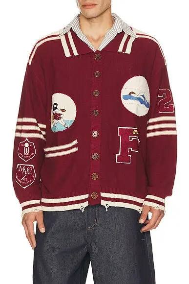 FOUND Varsity Patch Collared Cardigan - Deep Red