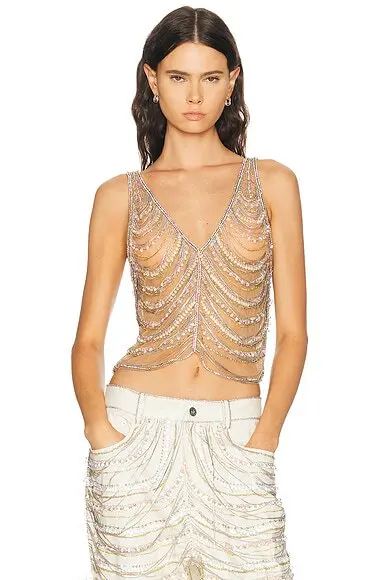 Lapointe Draped Crystal Embroidery V Neck Tank Top