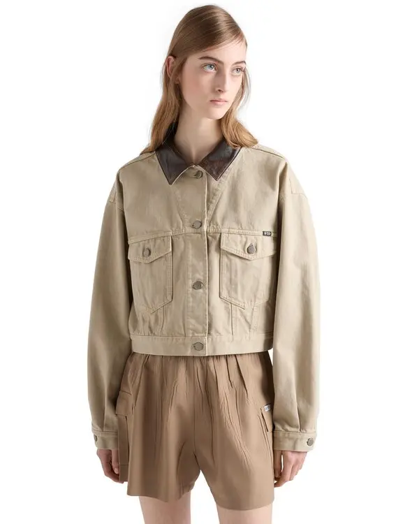 Prada Cropped Washed Denim Jacket With Leather Collar - Sand