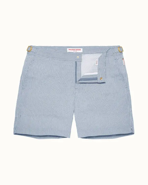 Orlebar Brown Mid-length Classic Seersucker Stripe Swim Shorts In Woven In Italy - Wave Blue