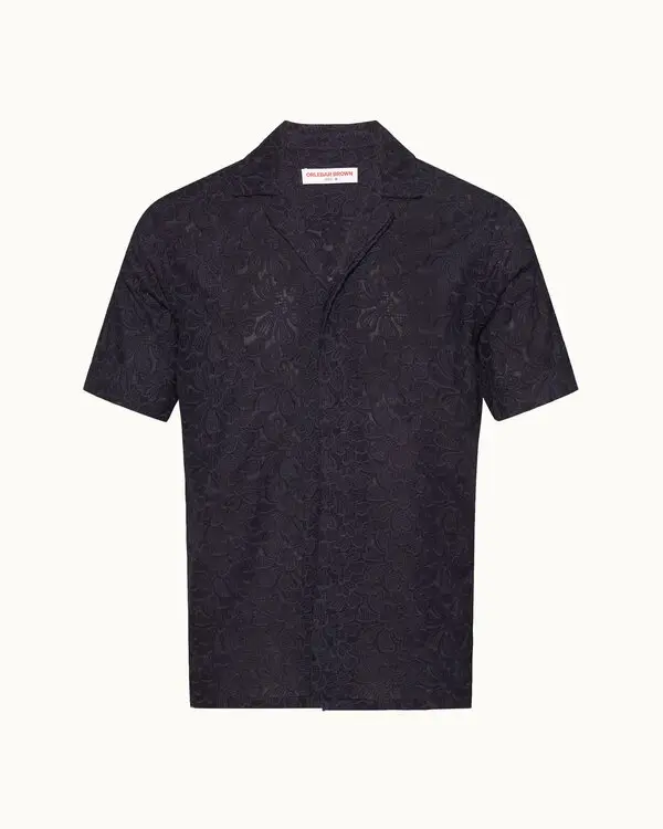 Orlebar Brown Broderie Anglaise Relaxed Fit Capri Collar Shirt Embroidered In Italy In Night Iris - Blue