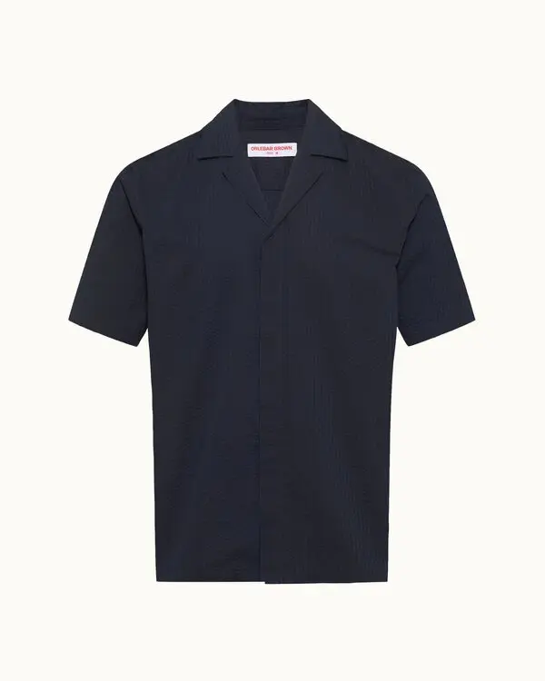 Orlebar Brown Relaxed Fit Short Sleeve Seersucker Resort Shirt In Night Iris - Blue