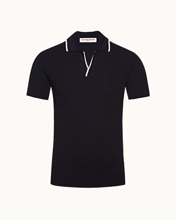 Orlebar Brown Navy Stripe Tailored Fit Resort Collar Polo Shirt - Blue