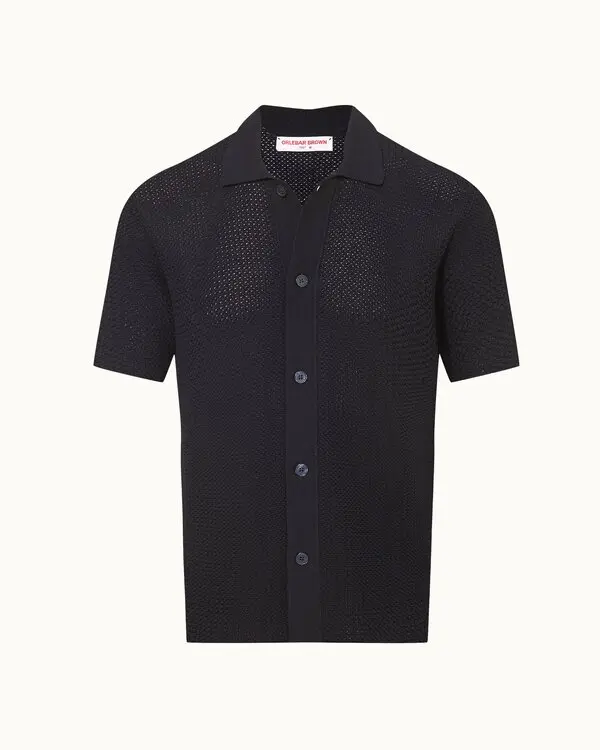 Orlebar Brown Classic Fit Capri Collar Chevron Crochet Shirt In Night Iris - Blue