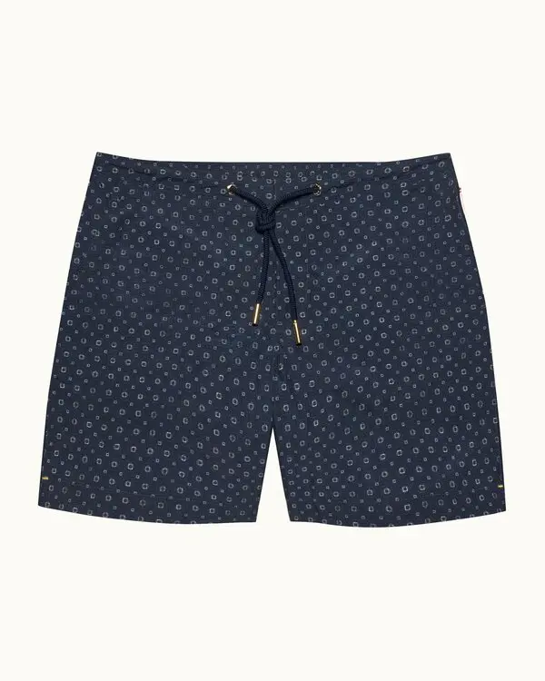 Orlebar Brown Mid-length Drawcord Swim Shorts With Exclusive Solstice Print In Night Iris - Blue