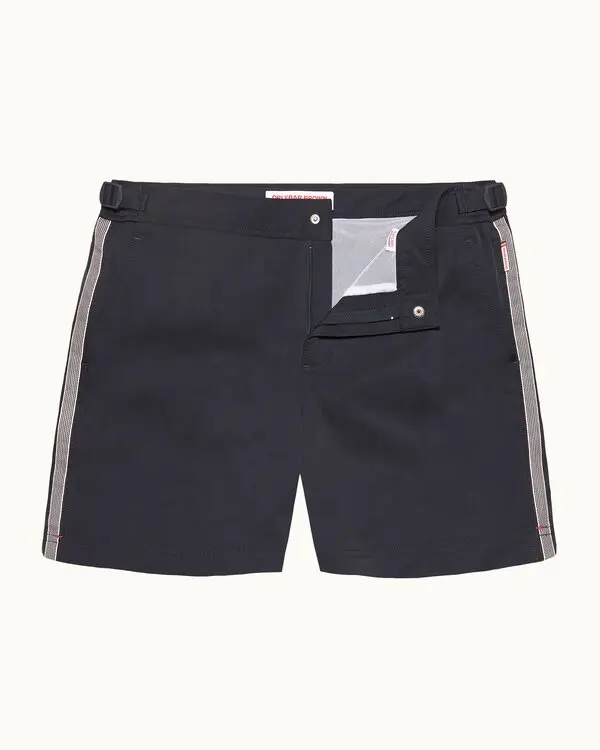 Orlebar Brown Mid-length Stretch Swim Shorts With Side Stripe In Night Iris