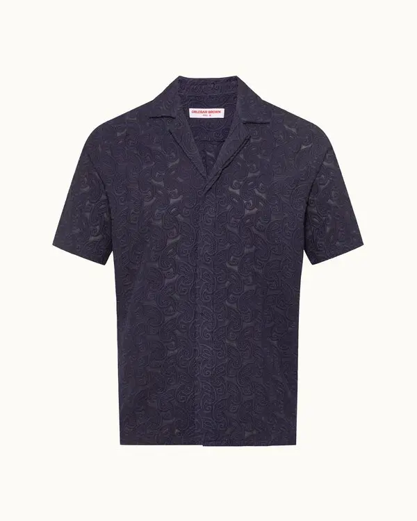 Orlebar Brown Broderie Anglaise Relaxed Fit Capri Collar Shirt In Night Iris - Blue