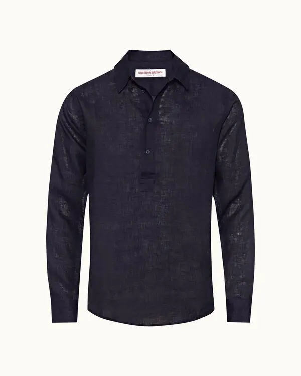 Orlebar Brown Dark Navy Classic Collar Overhead Linen Shirt