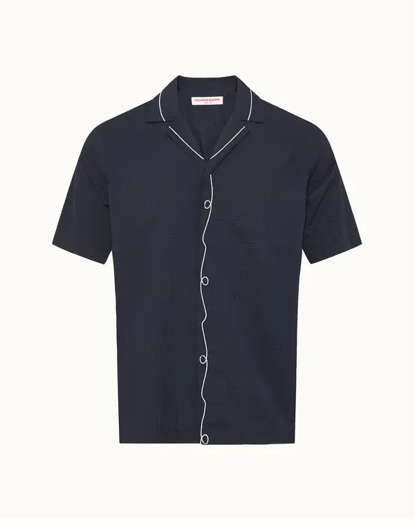 Orlebar Brown Relaxed Fit Embroidered Seersucker Shirt In Night Iris - Blue