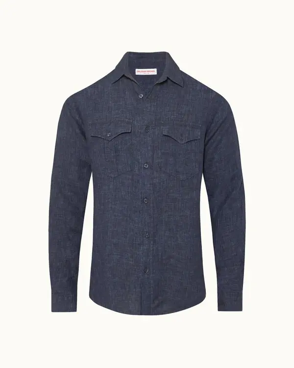 Orlebar Brown Tailored Fit Linen Shirt With Chest Pockets In Night Iris - Blue