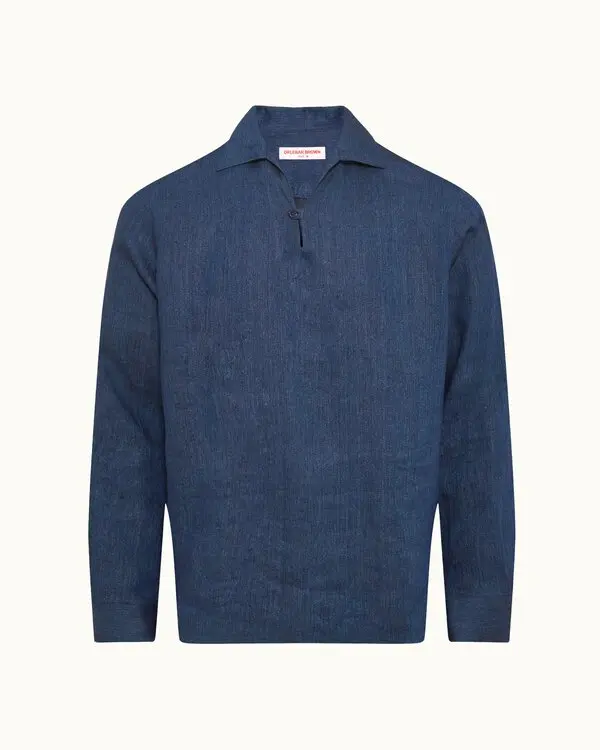 Orlebar Brown Relaxed Fit Linen Long Leeve Overhead Hirt In Night Iri Woven In Italy - Blue