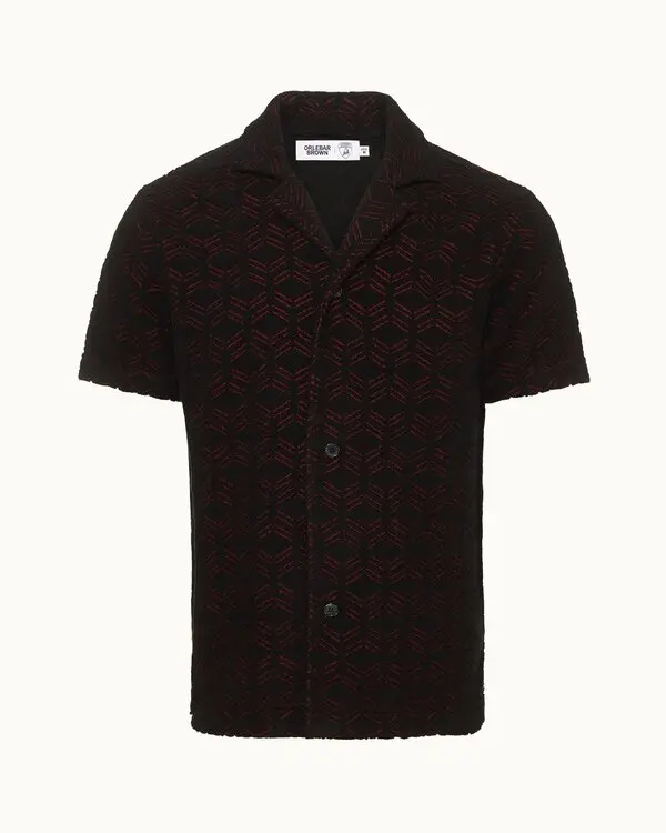 Orlebar Brown Automobili Lamborghini Hexagon Jacquard Relaxed Fit Capri Collar Cotton Hirt - Black/summer Red