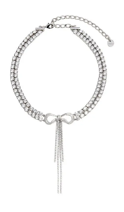 SELF-PORTRAIT Double Crystal Bow Choker With Tassel Detail - Silver