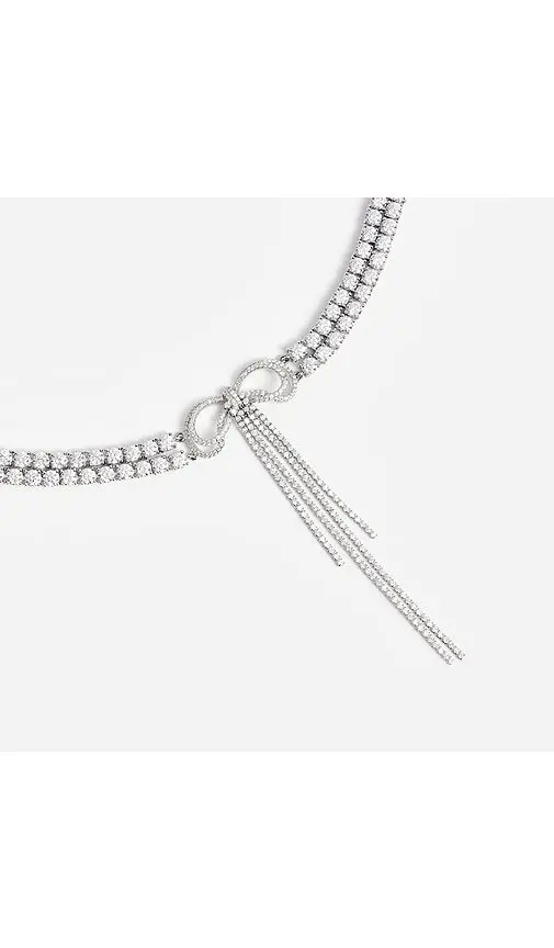 SELF-PORTRAIT Double Crystal Bow Choker With Tassel Detail - Silver