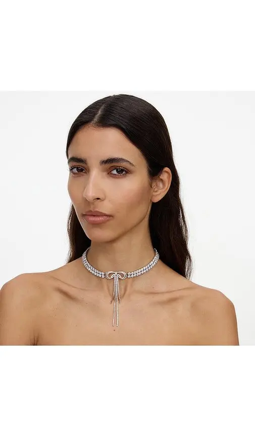 SELF-PORTRAIT Double Crystal Bow Choker With Tassel Detail - Silver