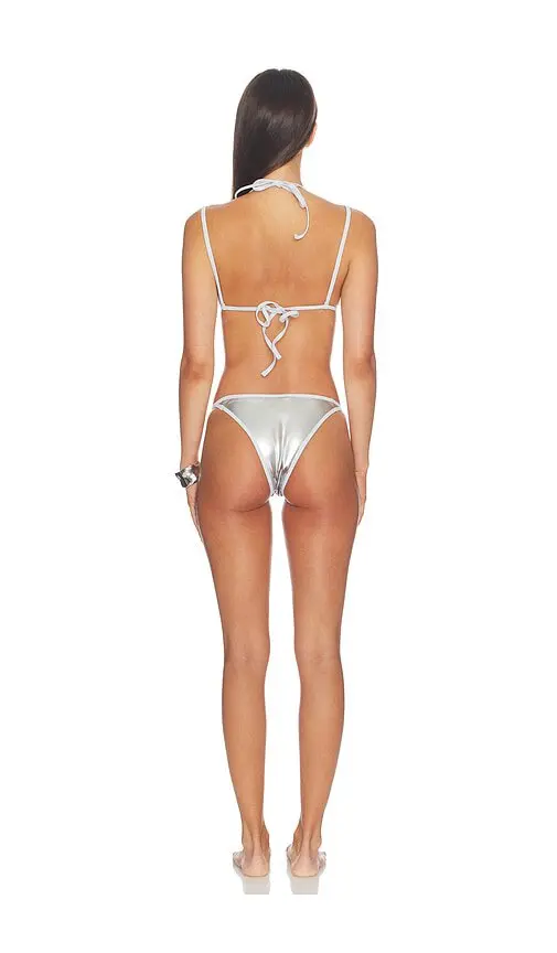 NARANJA FURCADO Latex Splash Matte Bent Bikini Set In Metallic Silver