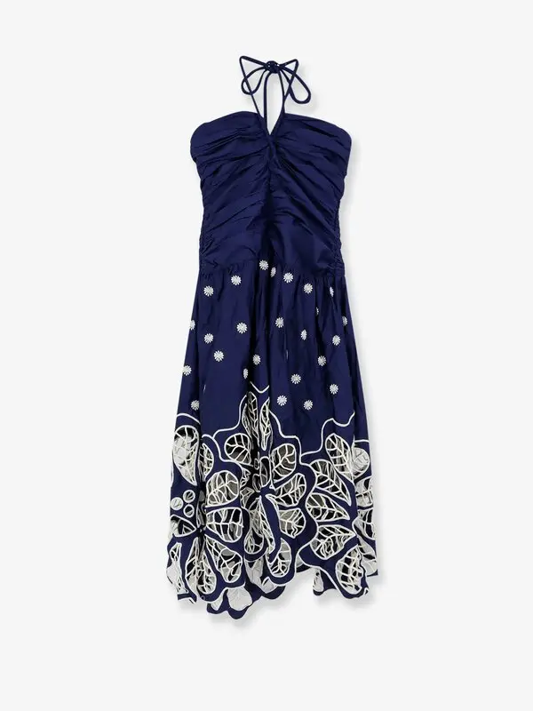Farm Rio Richilieu Organic Cotton Dress With Floral Embroidery - Blue