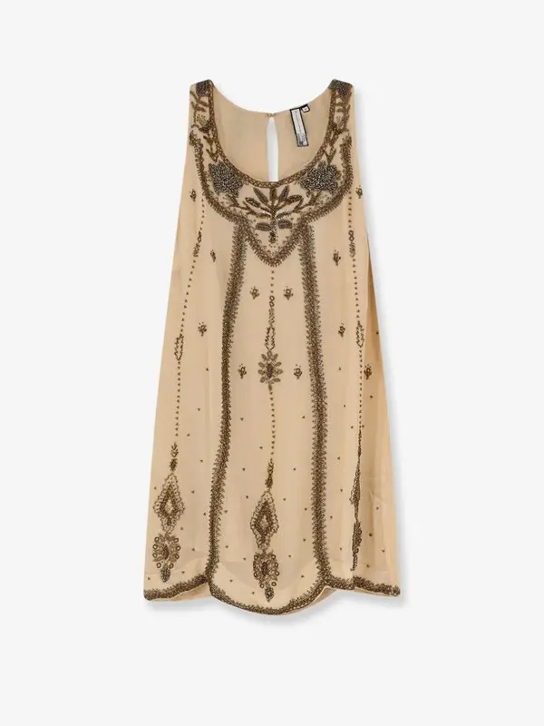 SCARLETT POPPIES Anabel Viscose Dress With Beaded Embroidery - Beige