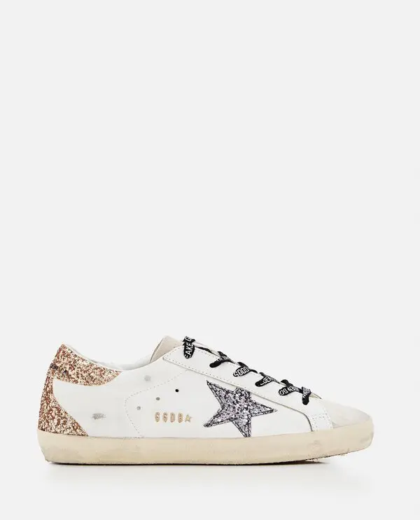 GOLDEN GOOSE Super Star Sneakers In Leather And Glitter - Bianco