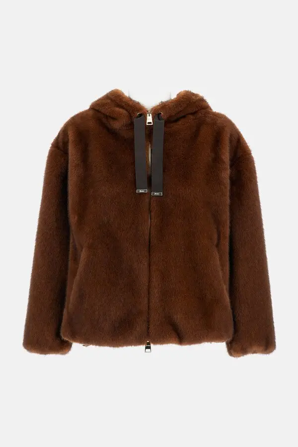 Herno Faux Fur Bomber Jacket With Drawstring Hem - Marrone