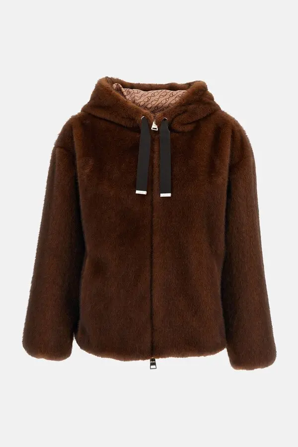 Herno Faux Fur Bomber Jacket With Drawstring Hem - Marrone