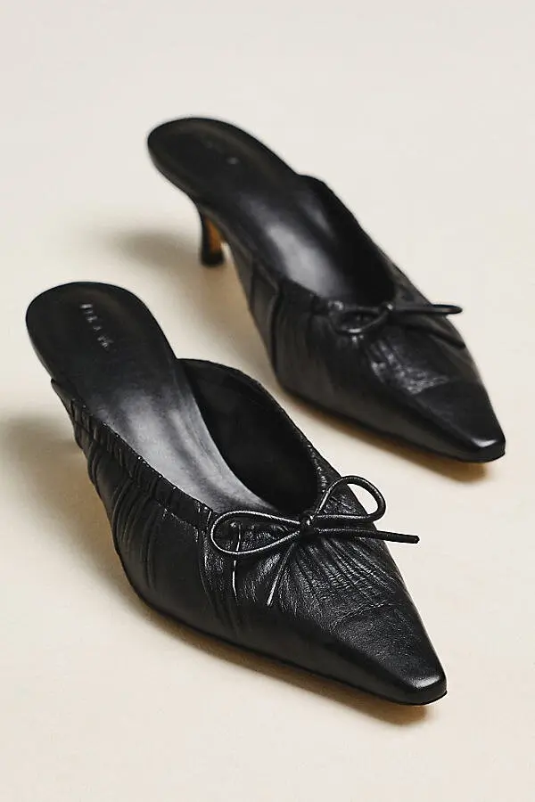 Maeve Cched Bow Kitten Heel Mules - Black
