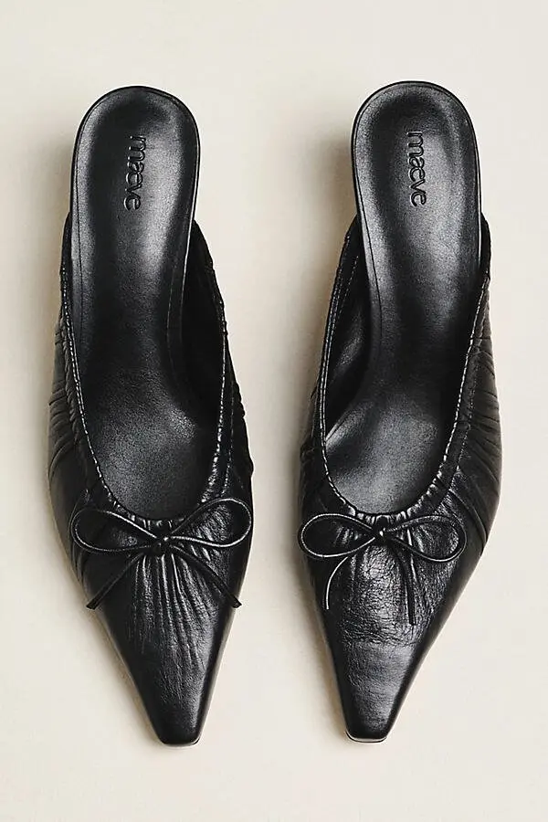 Maeve Cched Bow Kitten Heel Mules - Black