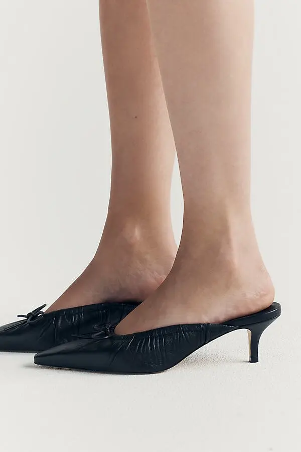 Maeve Cinched Bow Kitten Heel Mules - Black