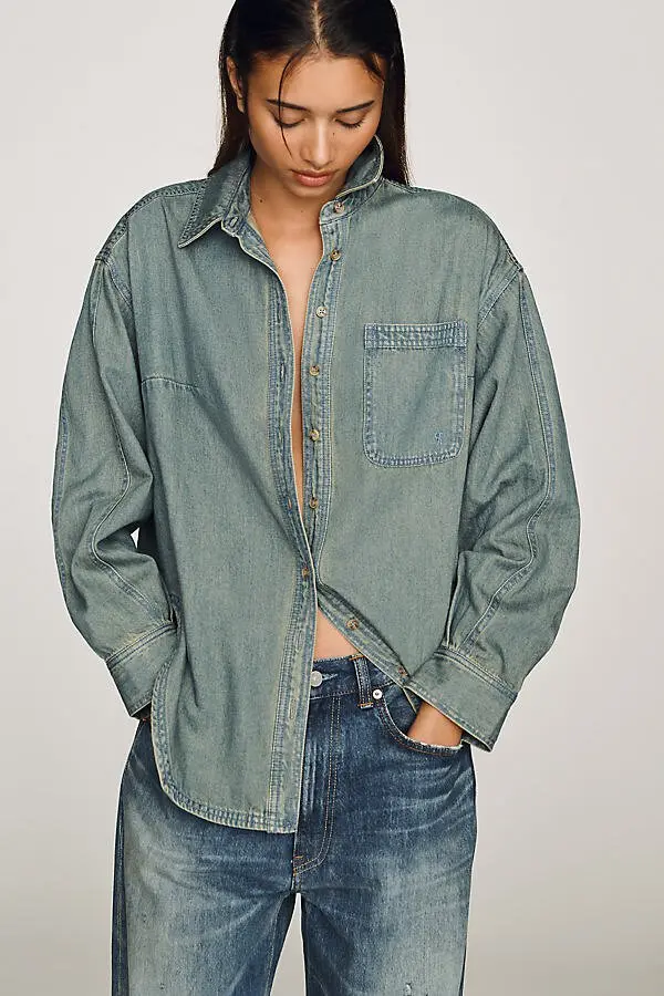 PILCRO 100% Cotton Denim Buttondown Shirt - Antique Wash