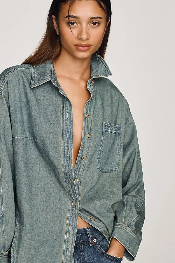 PILCRO 100% Cotton Denim Buttondown Shirt - Antique Wash