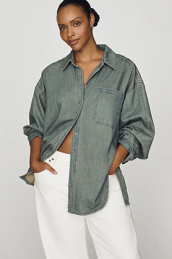 PILCRO 100% Cotton Denim Buttondown Shirt - Antique Wash