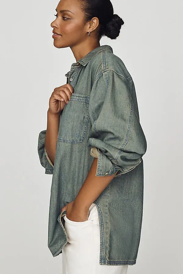 PILCRO 100% Cotton Denim Buttondown Shirt - Antique Wash