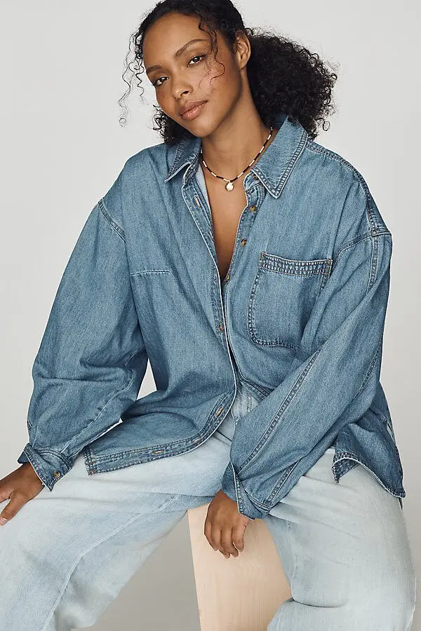 PILCRO Cotton Denim Buttondown Shirt - Medium Denim