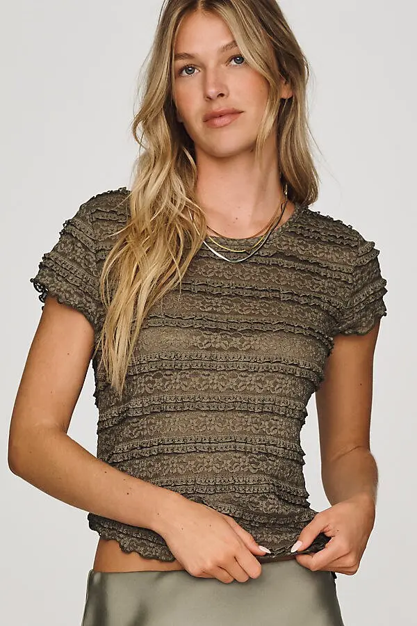 Anthropologie Lace Ruffle Ba Tee - Olive