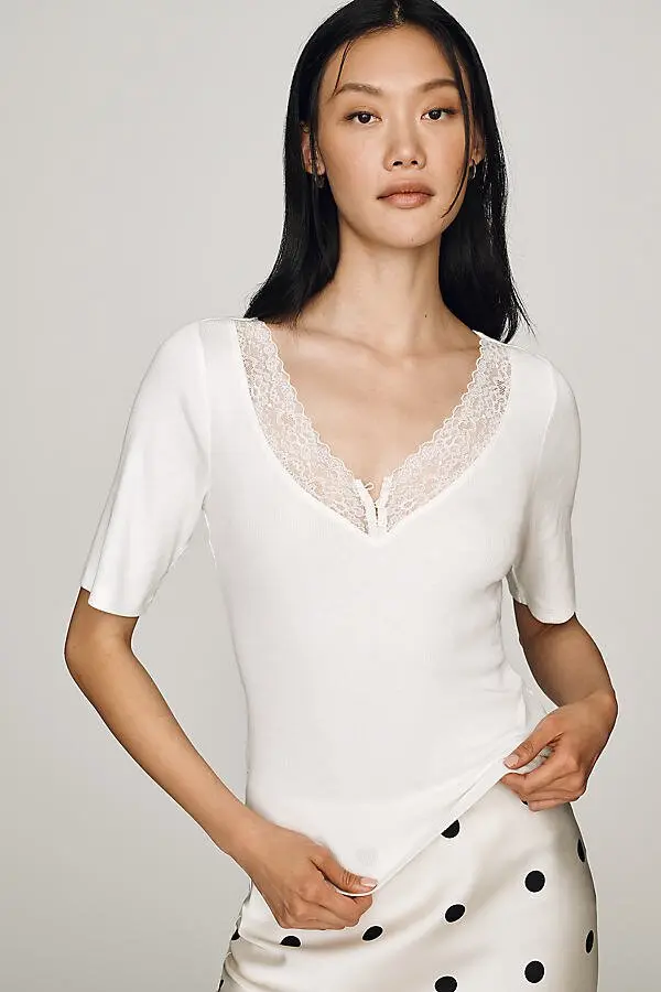 Maeve V-neck Henley T-shirt Top - Ivory