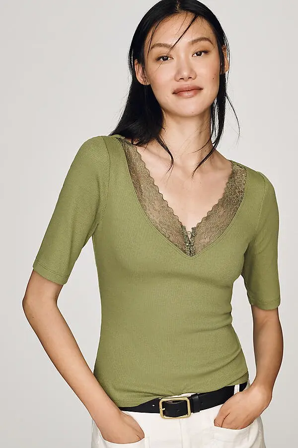 Maeve V-neck Henley T-shirt Top - Olive Branch