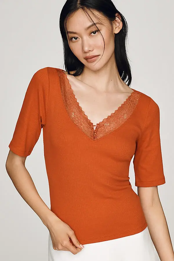 Maeve V-neck Henley T-shirt Top - Rooibos Tea