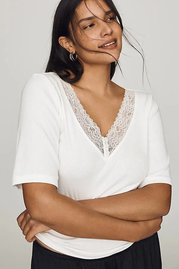 Maeve V-neck Henley T-shirt Top With Lace Trim - Sugar Swizzle