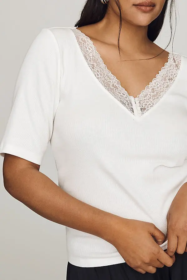 Maeve Lace-trimmed V-neck Henley T-shirt - Sugar Swizzle